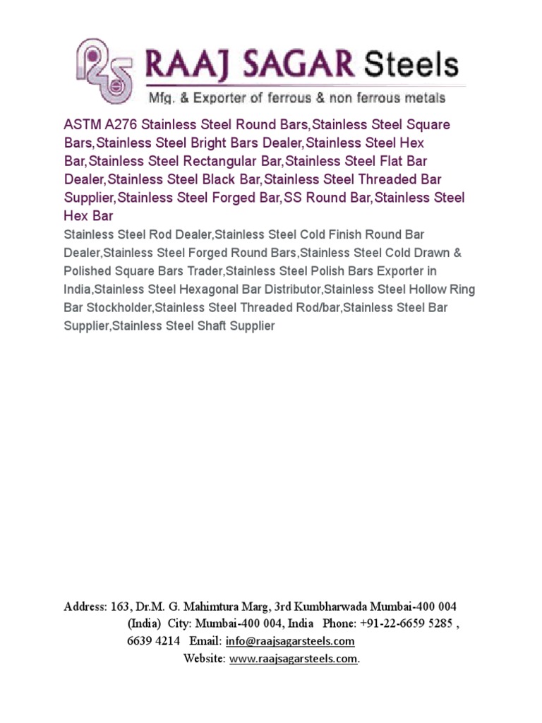 ASTM A276 Stainless Steel Bar Overview | PDF | Pipe (Fluid Conveyance ...