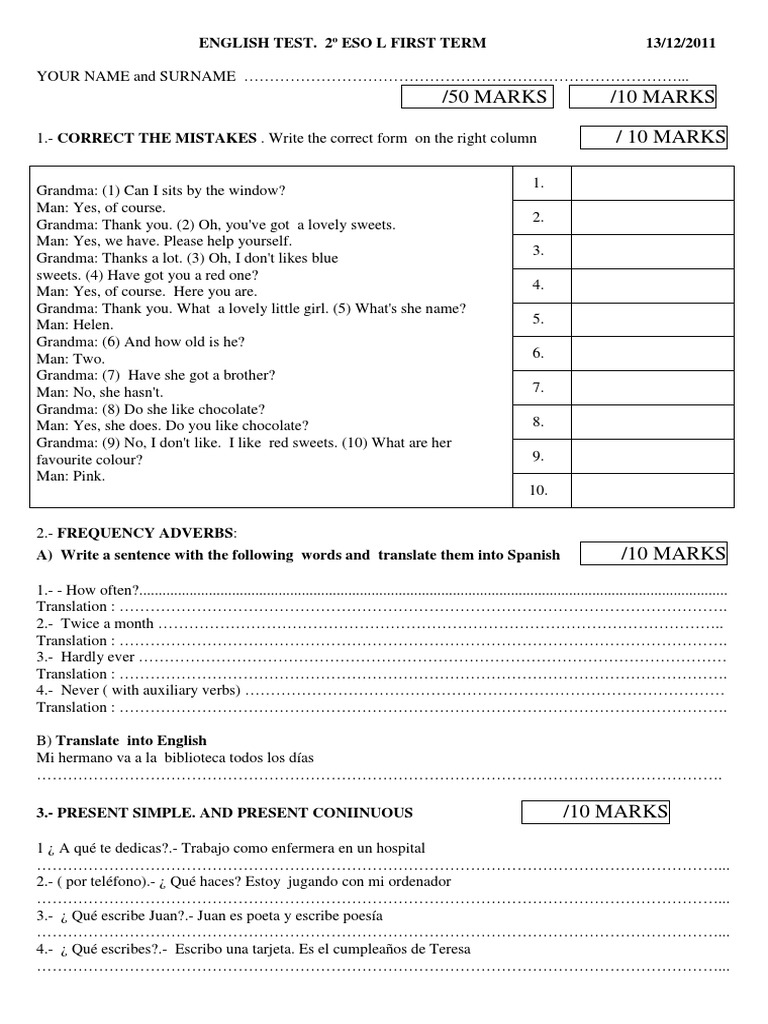 50 MARKS /10 MARKS / 10 Marks: English Test. 2º Eso L First Term 13/12 ...