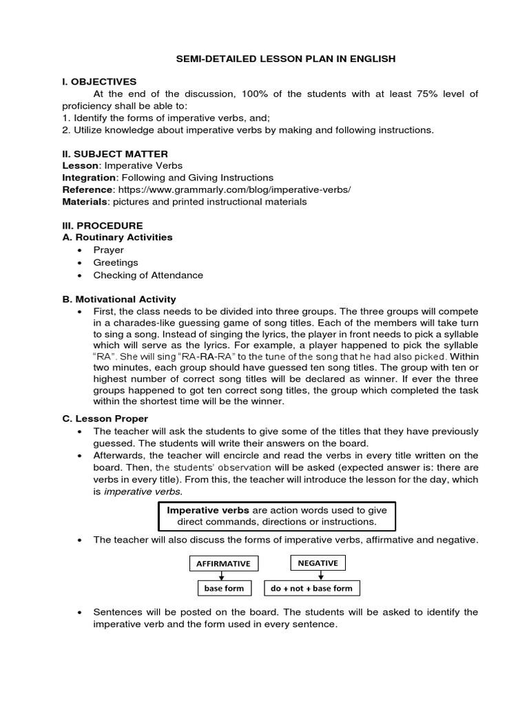 Semi-Detailed Lesson Plan For Imperative Verbs (G7 - English) | PDF ...