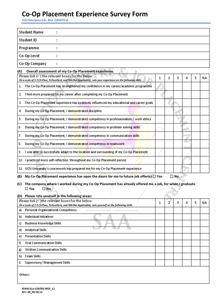Co-Op Placement Experience Survey Form | PDF | Competence (Human ...