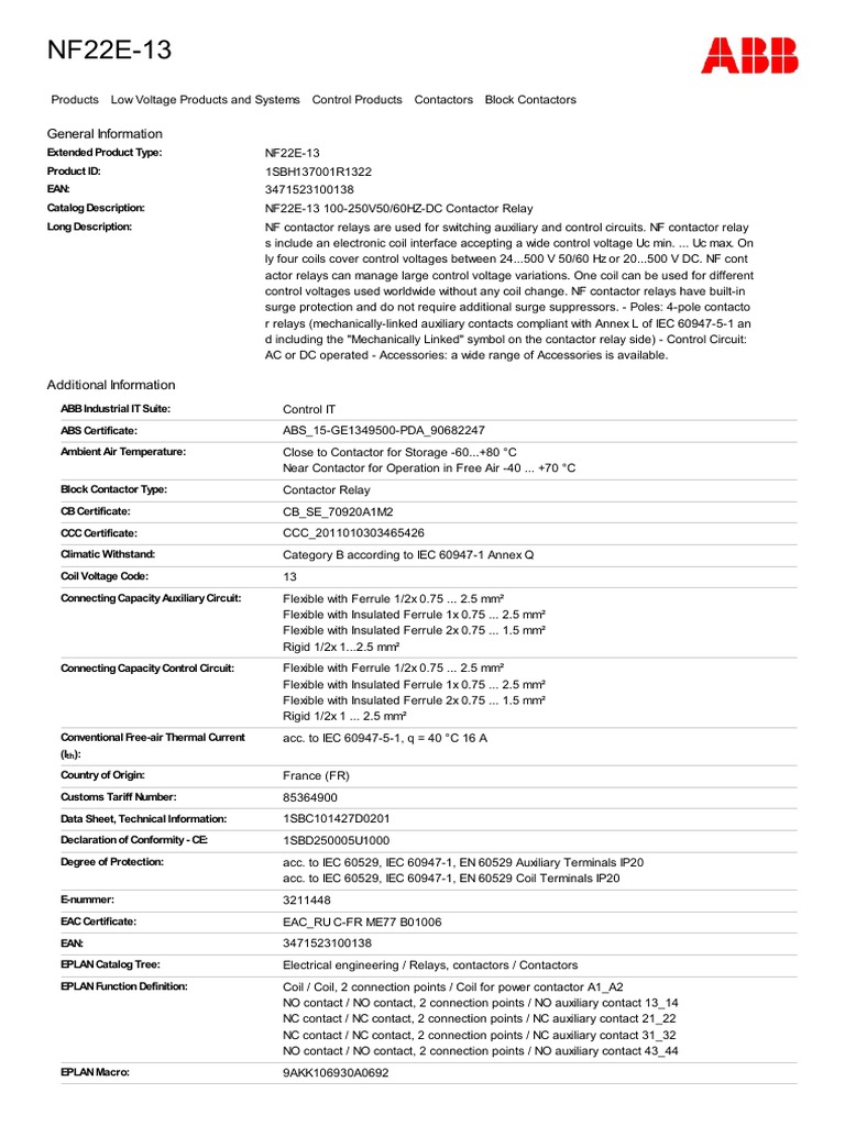 1SBH137001R1322 Nf22e 13 100 250v50 60hz DC Contactor Relay | PDF ...