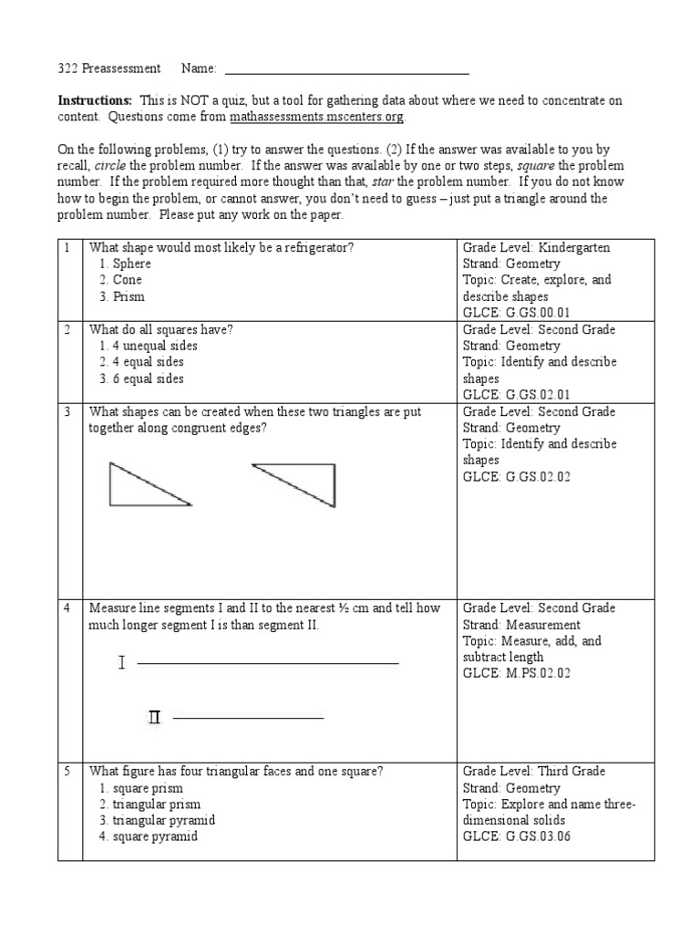 K-8 Geometry and Measurement Preassessment | PDF | Area | Shape