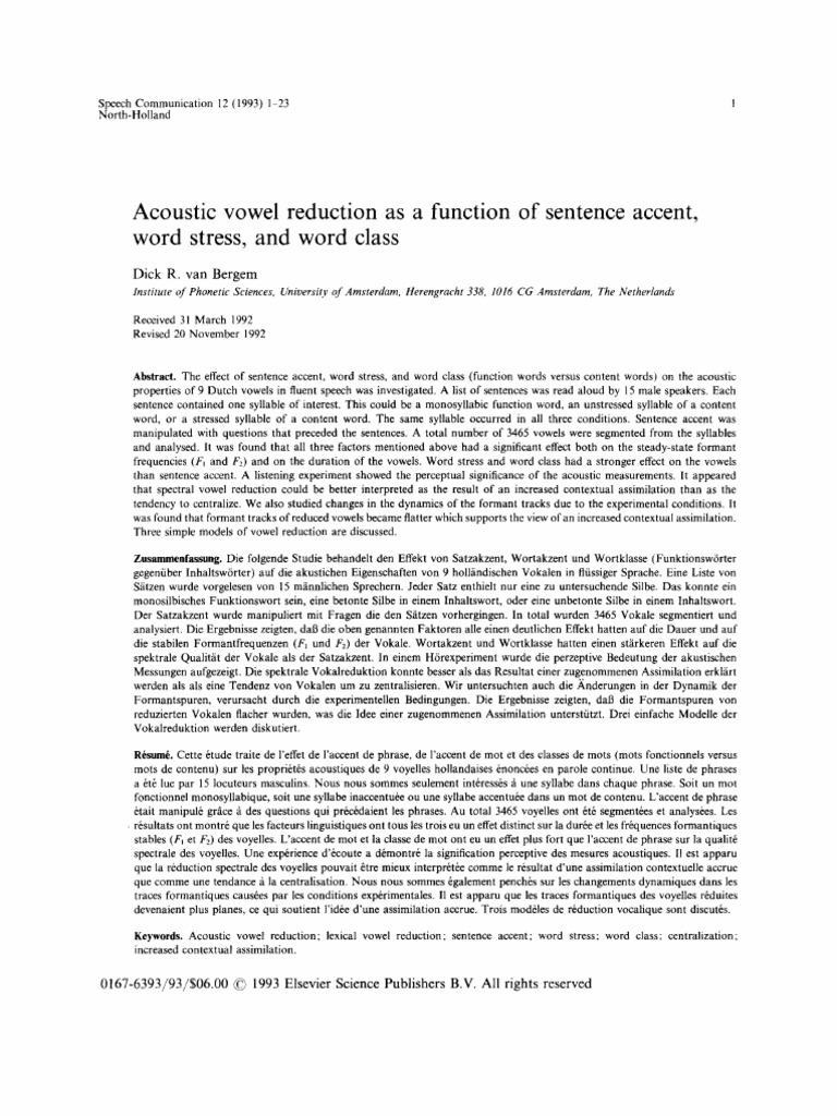 Acoustic Vowel Reduction As A Function of Sentence Accent, Word Stress ...