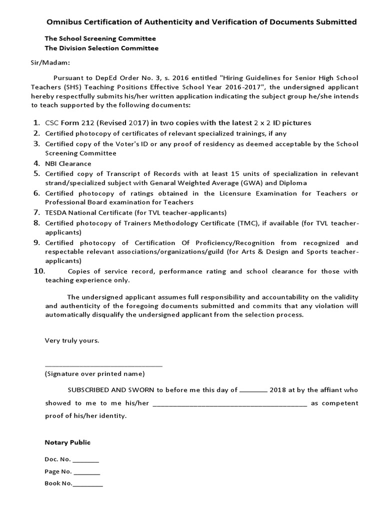 Omnibus Certification for Teacher Applicants | PDF | Business