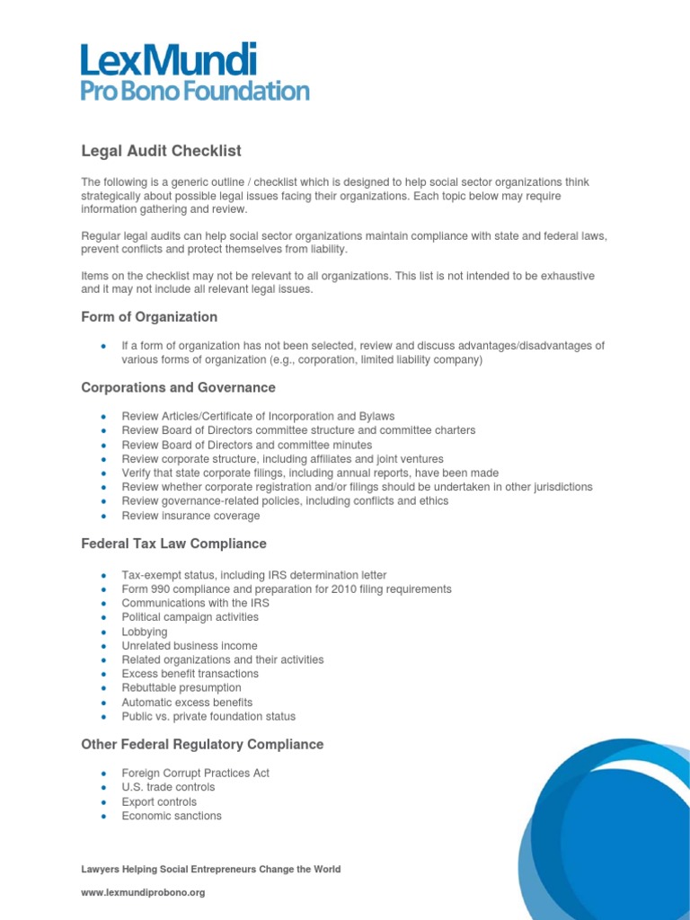 Legal Audit Checklist: Form of Organization | PDF | Corporations ...