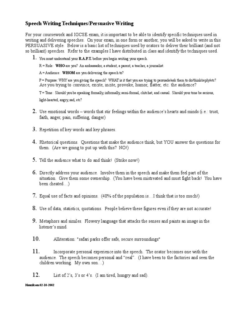 Speech Writing Techniques | PDF | Audience | Rhetoric