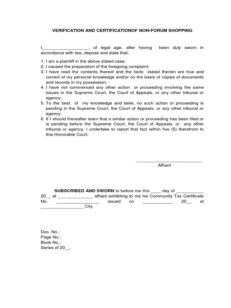 Non-Forum Shopping Certification Form | PDF | Social Science