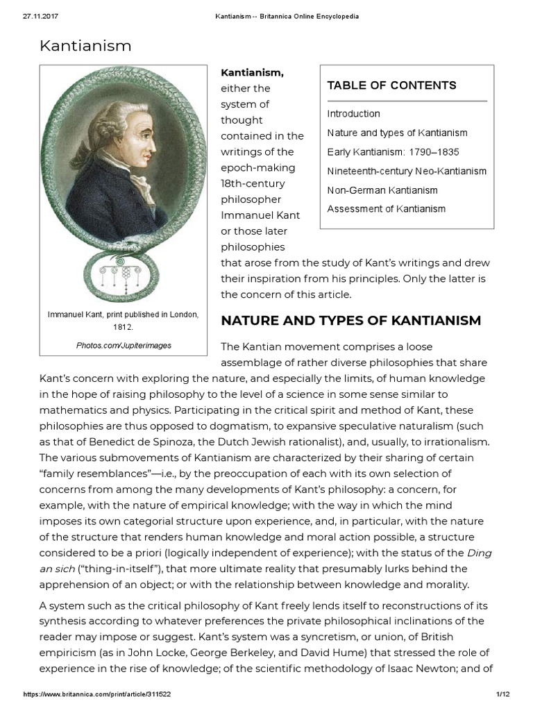 Kantianism - Britannica Online Encyclopedia | PDF | German Idealism | Immanuel Kant