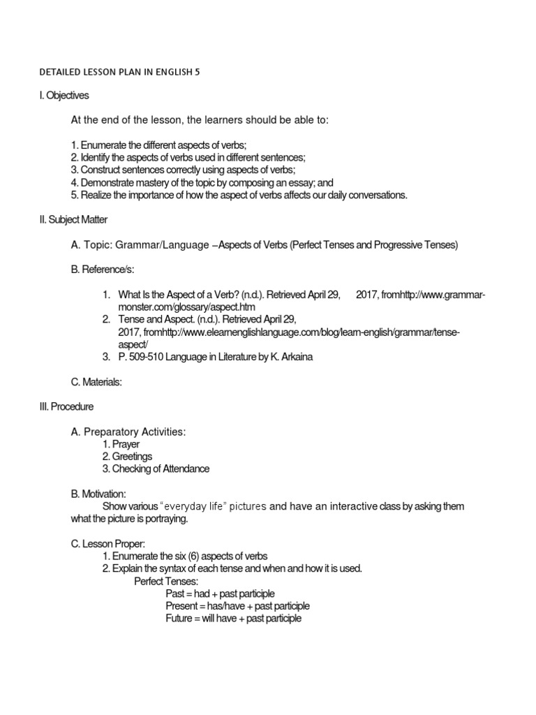 Aspects of Verbs: Grade 5 Lesson Plan | PDF