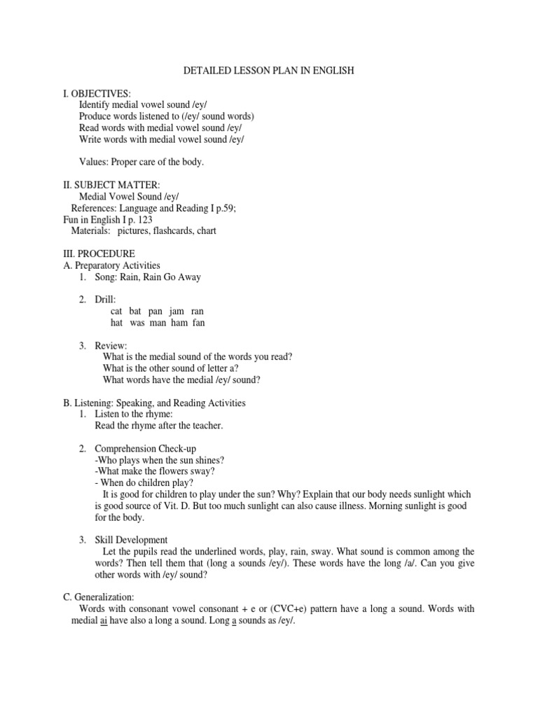 Teaching Medial Vowel Sounds: A Detailed English Lesson Plan on the ...