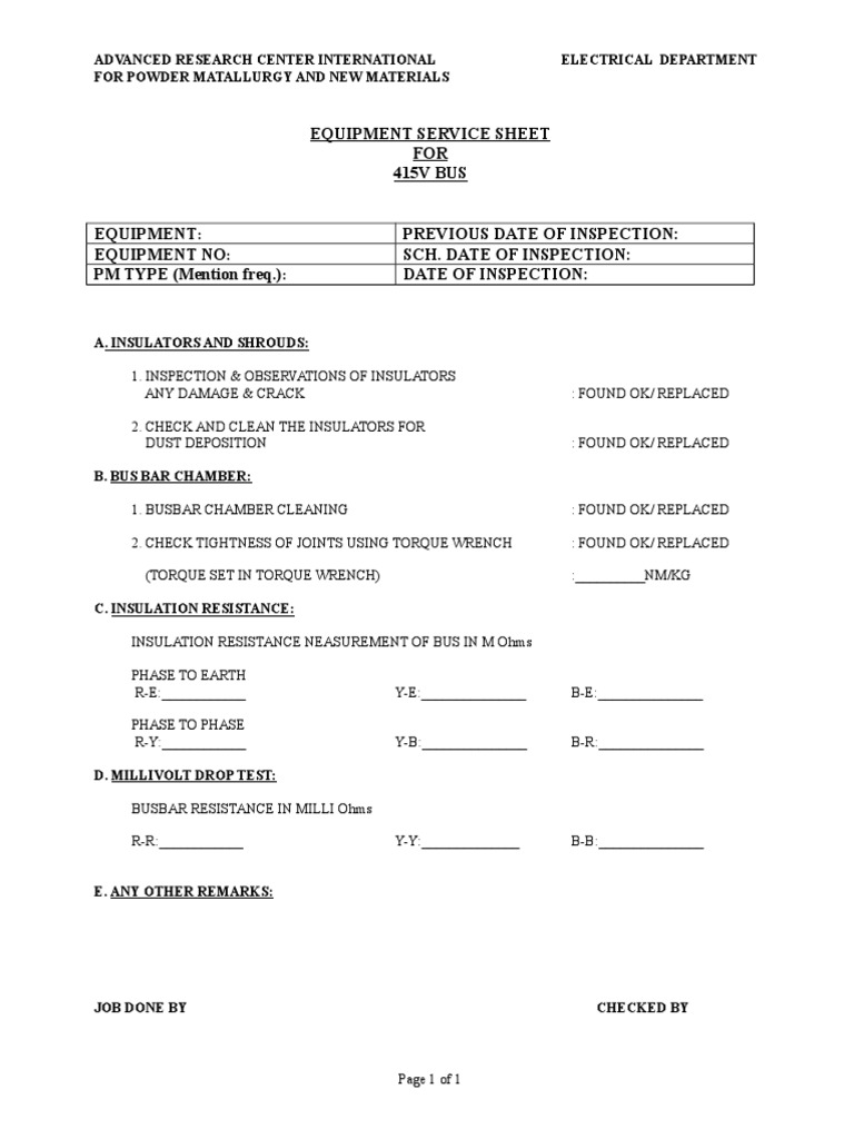 Equipment Service Sheet 415V BUS | PDF