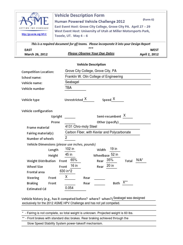 Vehicle Description Form: Human Powered Vehicle Challenge 2012 | PDF ...