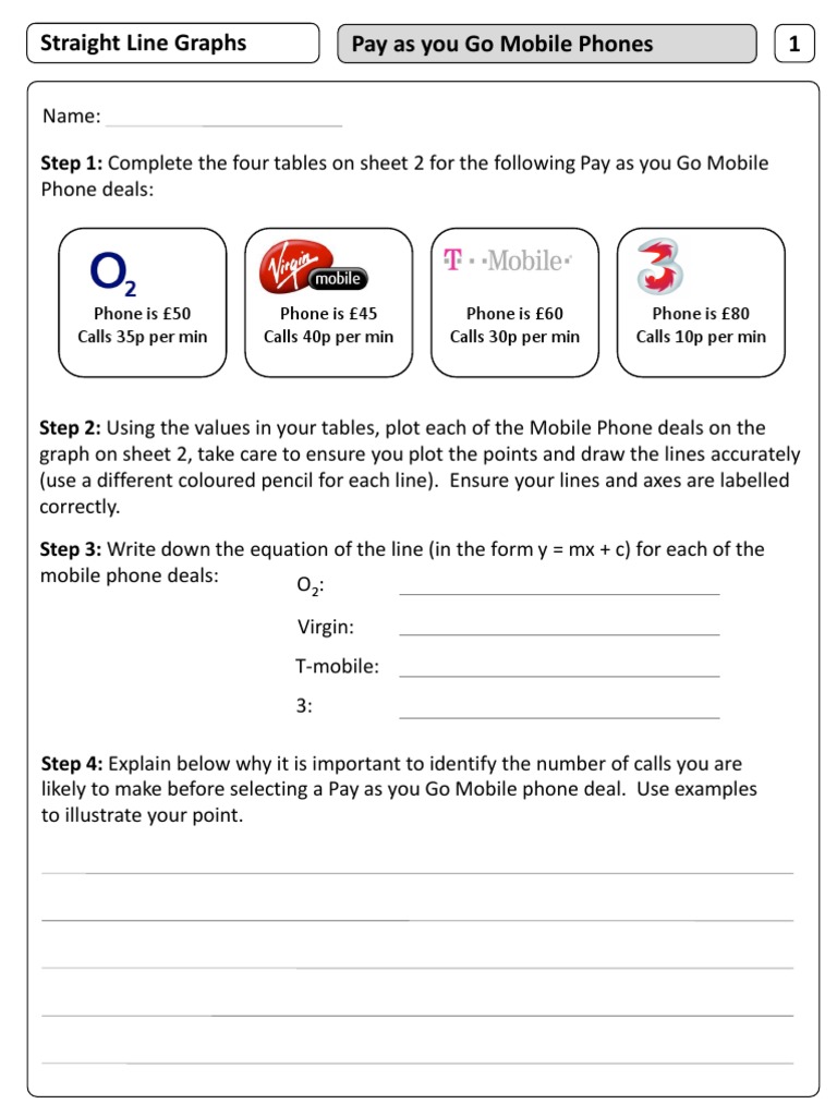 Linear Graphs - Mobile Phone Task Worksheets 1 & 3 | PDF