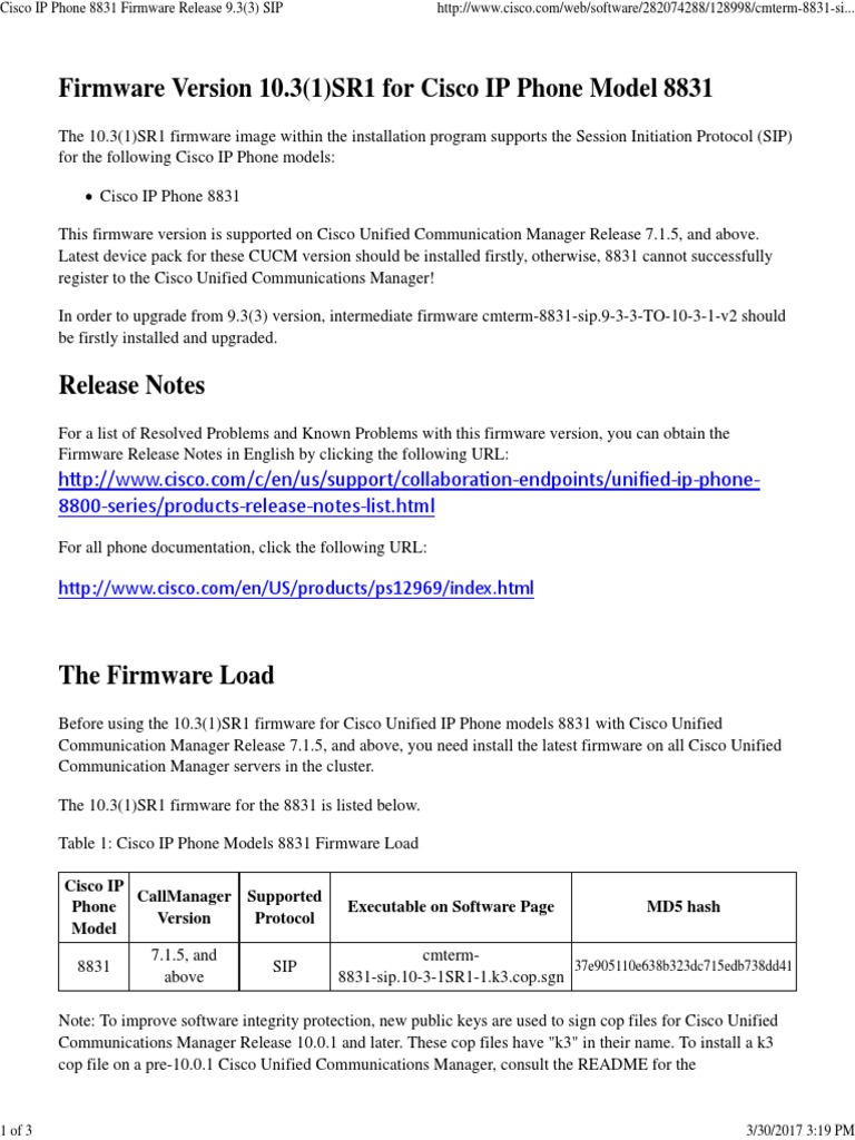 Cisco IP Phone 8831 Firmware Release 9 | PDF | Session Initiation Protocol | Cisco Systems