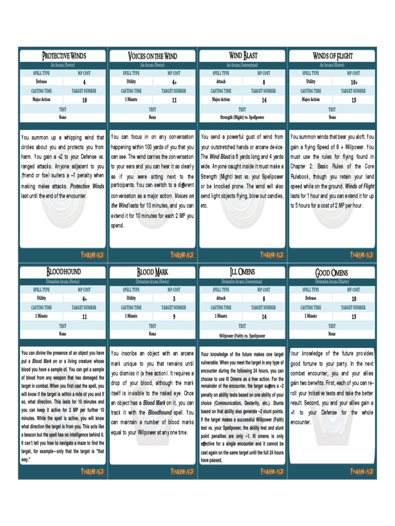 Fantasy AGE - Spell Cards REVISION | PDF | Wound | Trees