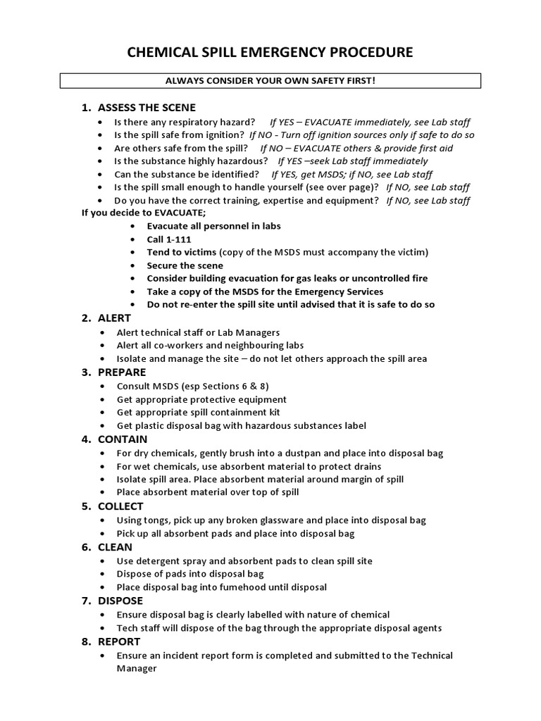 Chemical Spill Emergency Procedure: 1. Assess The Scene | PDF