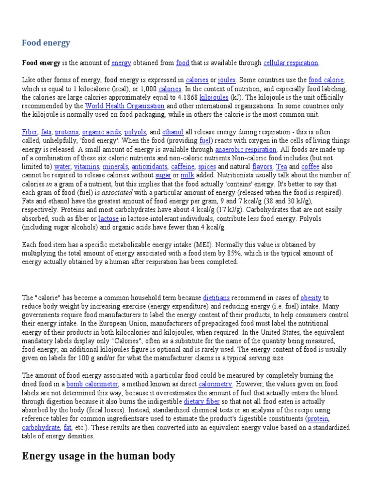 Food Energy: Energy Usage in The Human Body | PDF | Food Energy | Foods