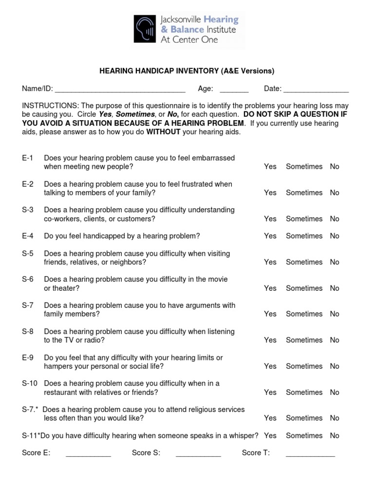 Hearing Handicap Inventory WITHOUT Hearing Aids | PDF