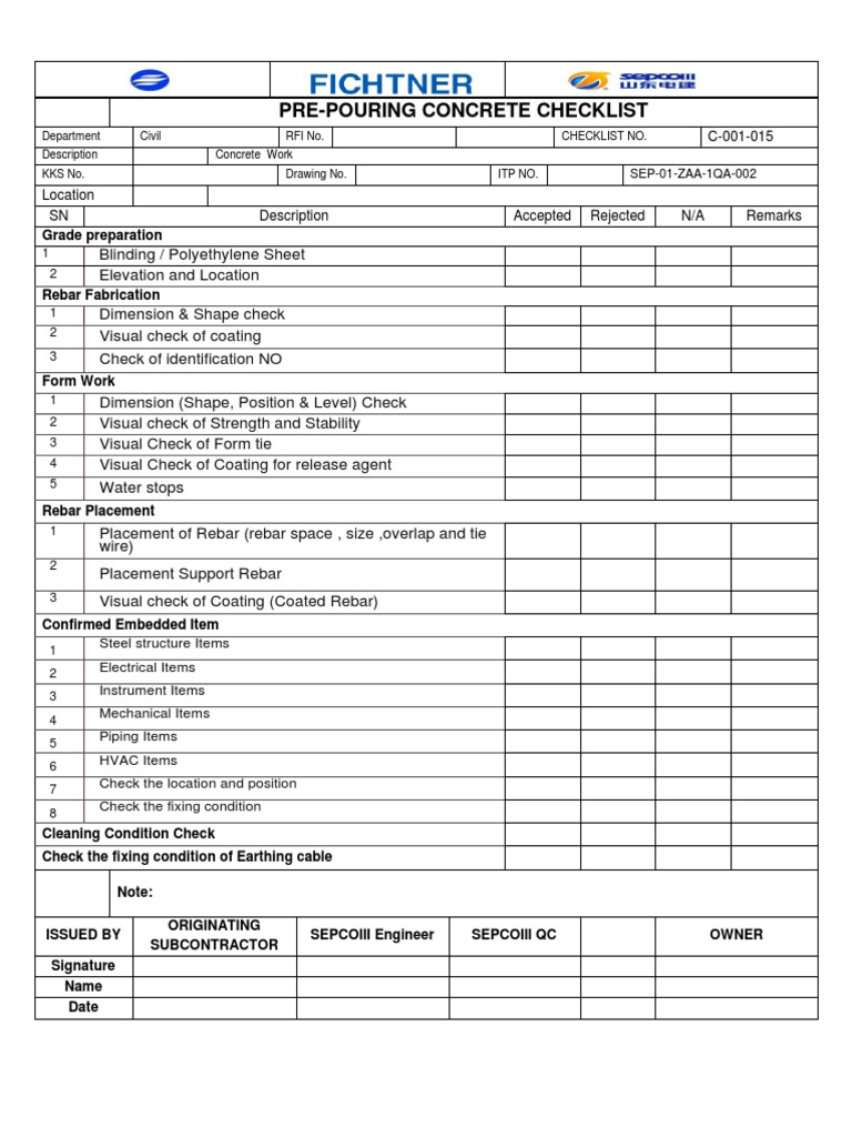 Pre-Pouring Concrete Checklist | PDF | Concrete | Structural Engineering