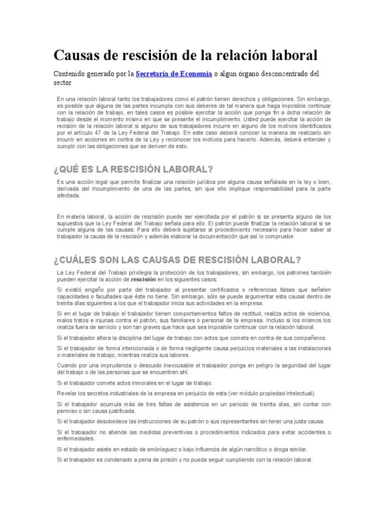 Causas de Rescisión de La Relación Laboral | Salario | Derecho laboral ...