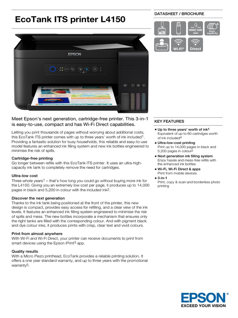 Epson EcoTank ITS Printer L4150 Datasheet | PDF | Printer (Computing ...
