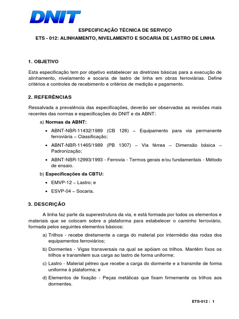 ETS - 012 - Alinhamento, Nivelamento e Socaria de Lastro de Linha | PDF ...
