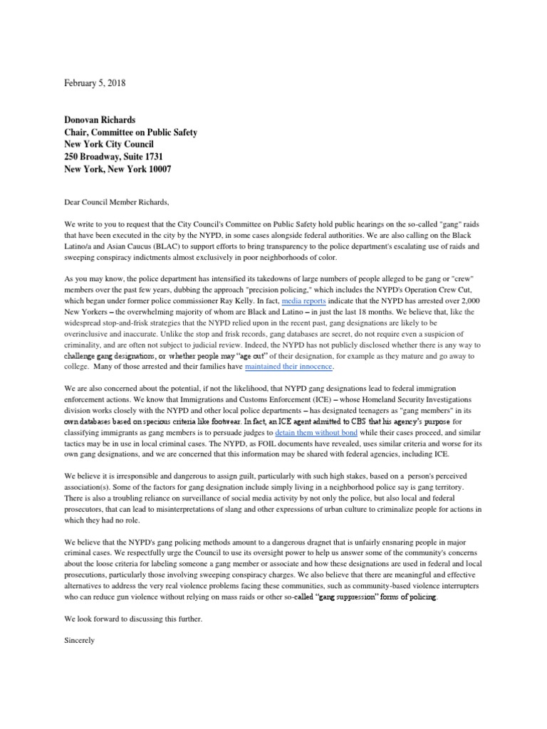 Letter To Council On Gang Policing Hearings | PDF | U.S. Immigration ...