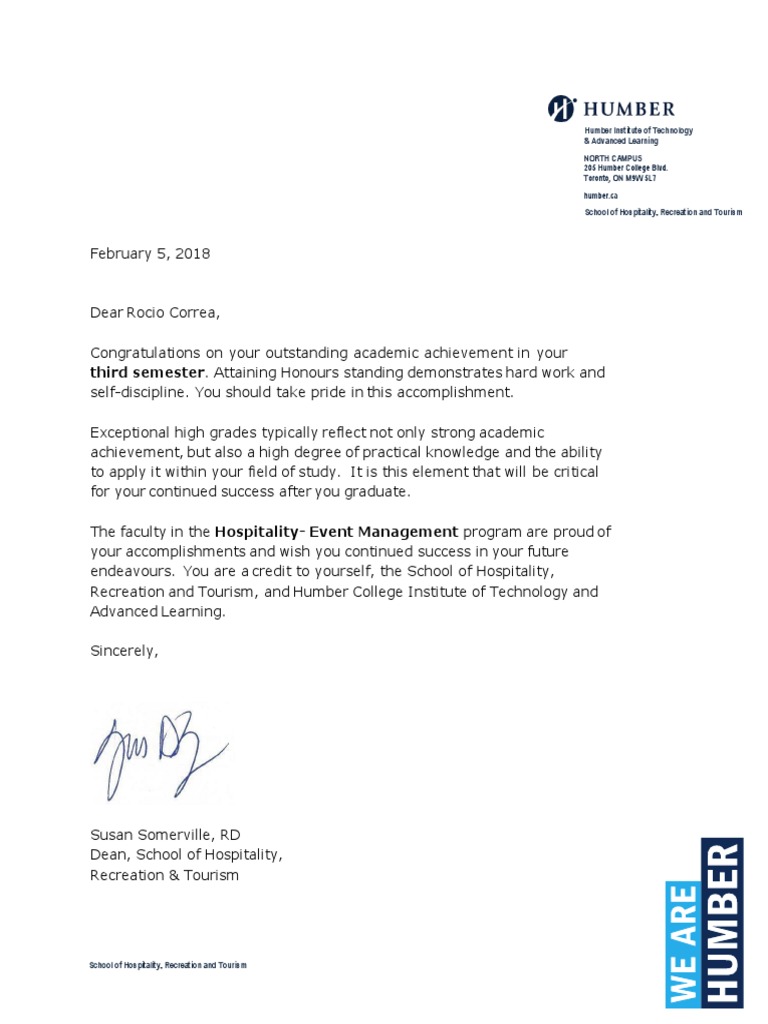 Humber College Honors Achievement Letter | PDF
