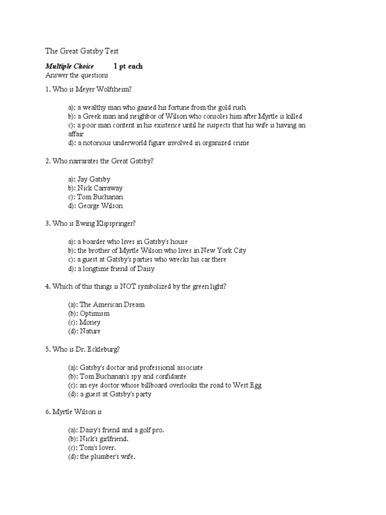 Great Gatsby Test Questions & Answers | PDF | The Great Gatsby