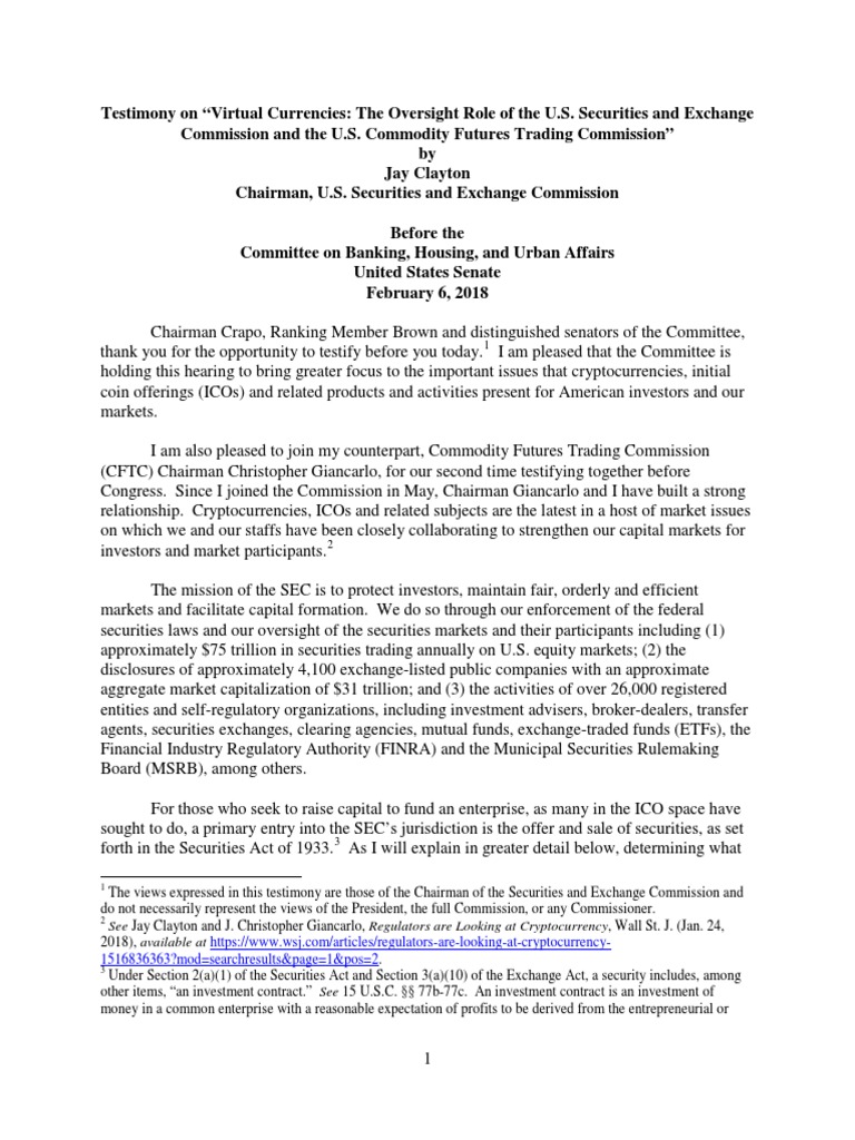 SEC Testimony On Virtual Currencies | PDF | U.S. Securities And ...