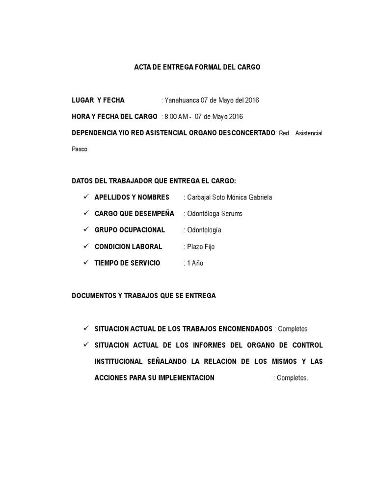 Acta de Entrega Formal Del Cargo | Cuidado de la salud | Salud pública