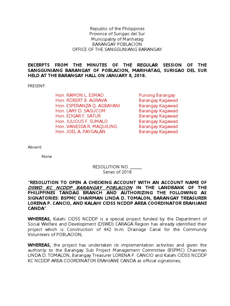 Barangay Resolution OPENING BANK ACCOUNT | PDF | Government | Business