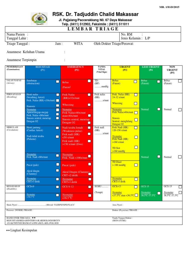 RSK. Dr. Tadjuddin Chalid Makassar: Lembar Triage | PDF | Clinical ...