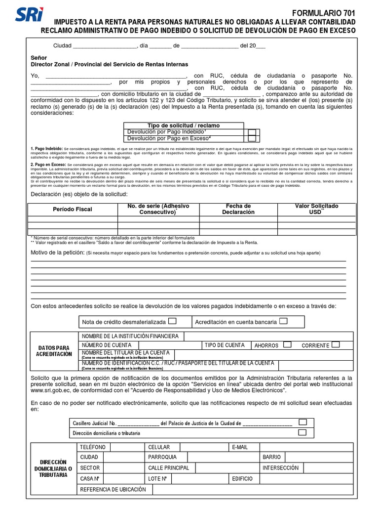 Formato Reclamo Pago Indebido o Solicitud Devolución Pago en Exceso Por Impuesto A La Renta ...