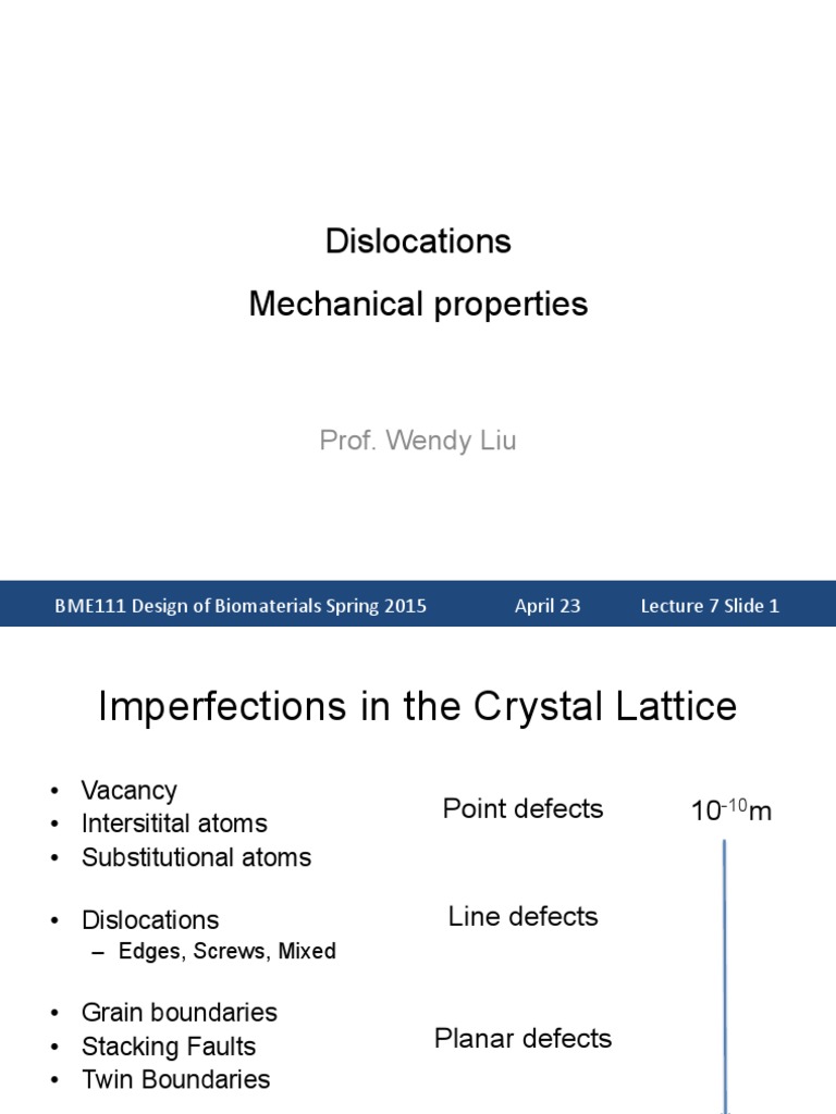 Dislocations Mechanical Properties: Prof. Wendy Liu | PDF | Dislocation | Crystallographic Defect