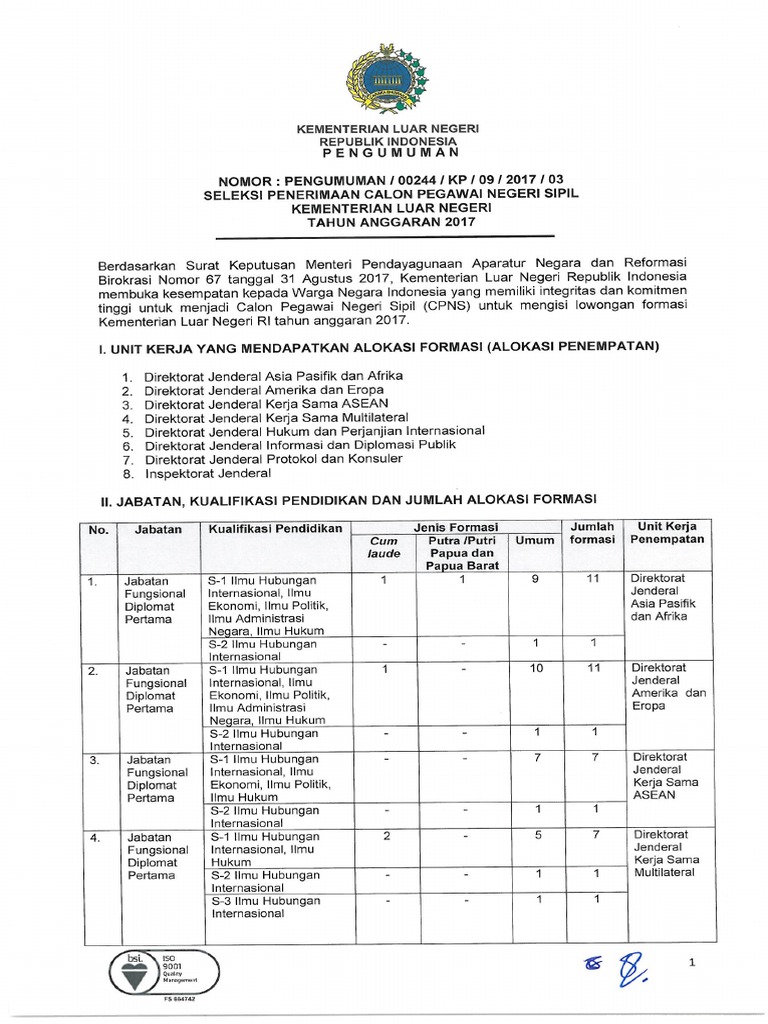 Rekrutmen CPNS Kementerian Luar Negeri TA 2017 PDF | PDF