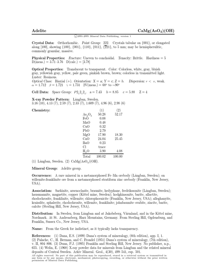 Adelite Camg (Aso) (Oh) : Crystal Data | PDF | Minerals | Chemical ...