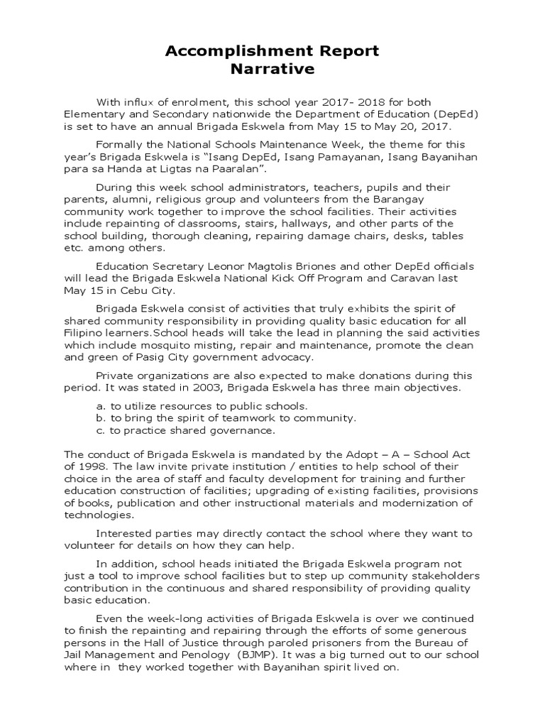 Accomplishment Report 2017 Brigada | PDF | Cognition | Schools