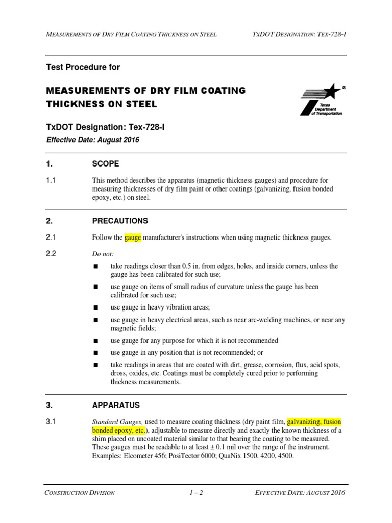 Measurements of Dry Film Coating Thickness On Steel | PDF ...