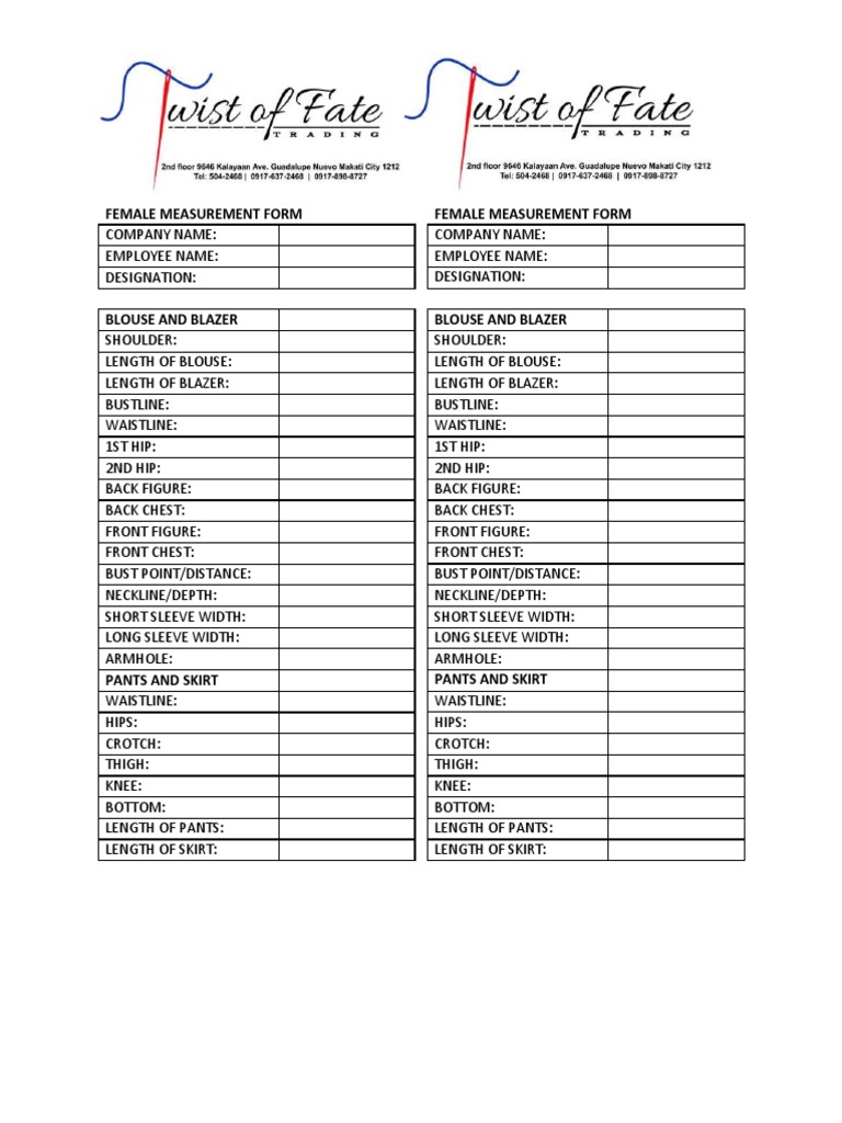 Female Measurement Form Template | PDF