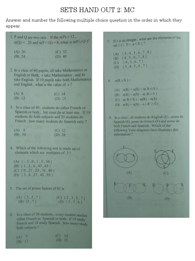 Sets Hand Out 2: MC: Answer and Number The Following Multiple Choice ...