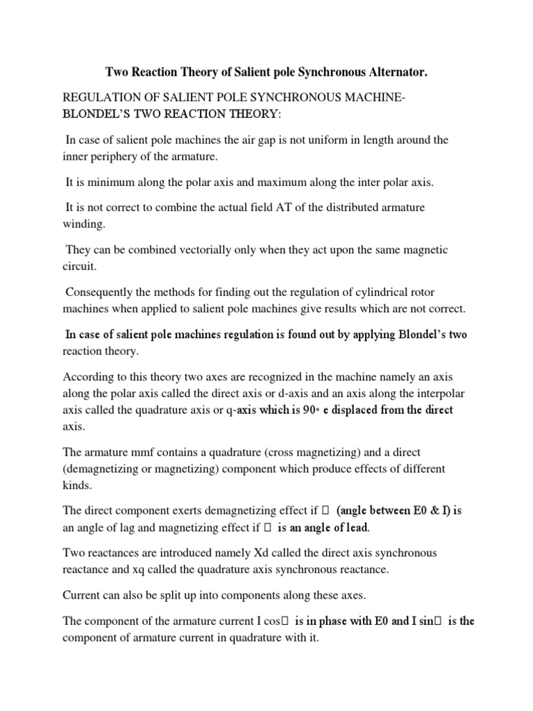 Two Reaction Theory Of Salient Pole Synchronous Alternator Pdf Euclidean Vector Electrical