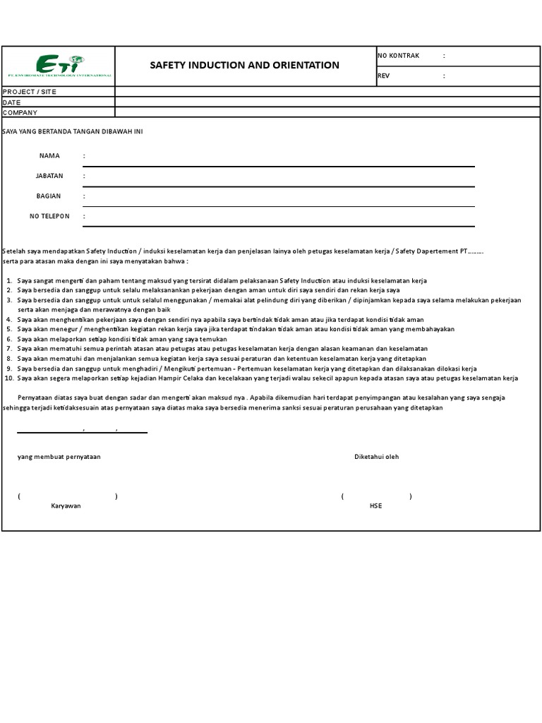 Safety Induction and Orientation | PDF