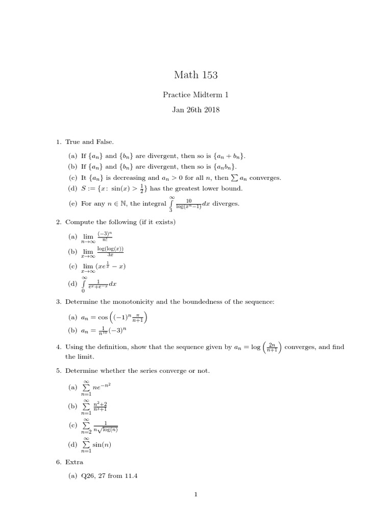 Math 153: Practice Midterm 1 Jan 26th 2018 | PDF