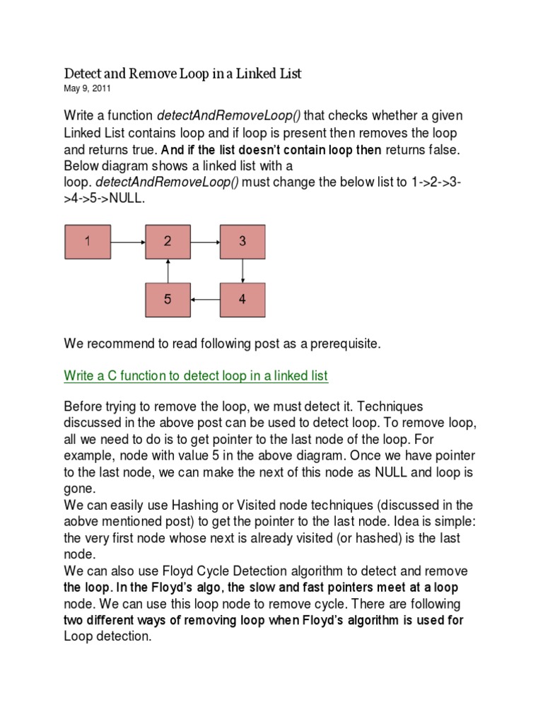 Detect And Remove Loop In A Linked List Pdf Algorithms And Data Structures Software 0768