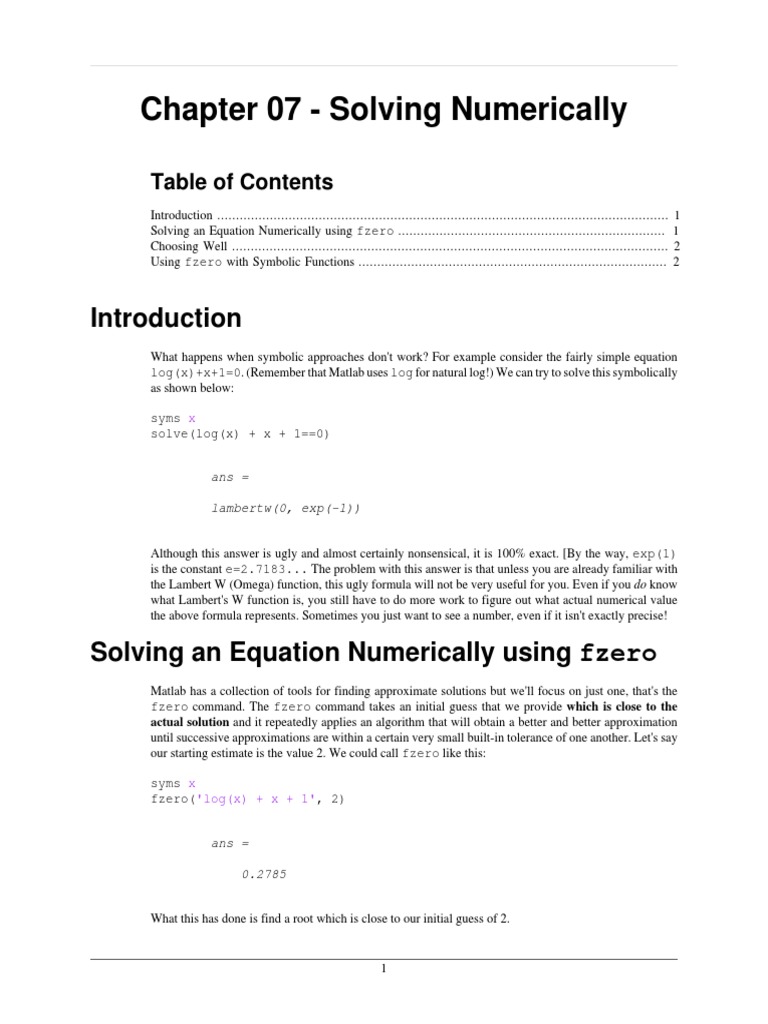 Chapter 07 - Solving Numerically: Fzero | PDF | Numerical Analysis | Logarithm