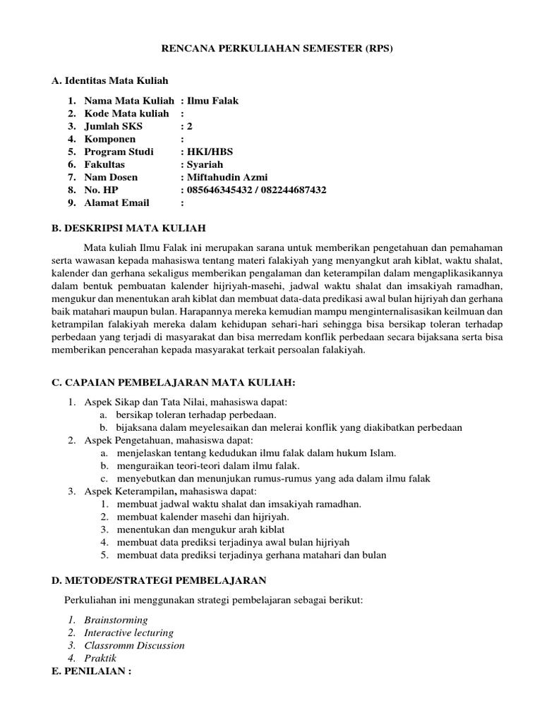 Rencana Perkuliahan Semester (RPS) ILMU FALAK | PDF | Ilmu Sosial ...