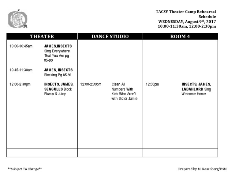 Theater Dance Studio Room 4: TACSY Theater Camp Rehearsal Schedule ...