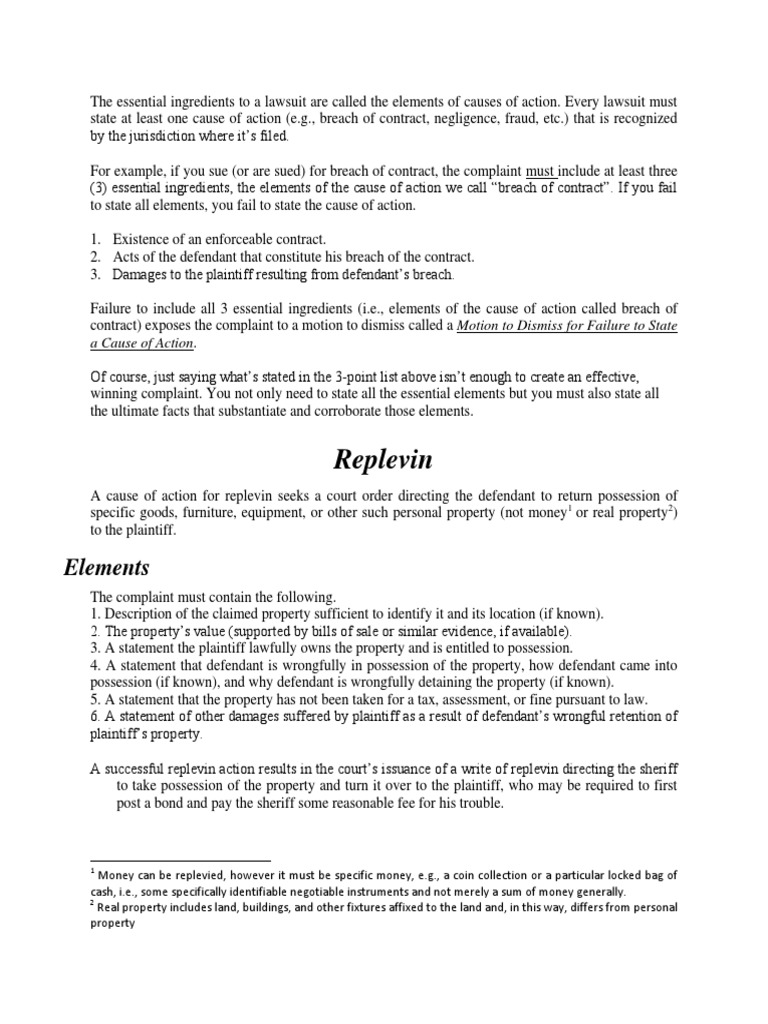 Replevin Lawsuit | Cause Of Action | Lawsuit