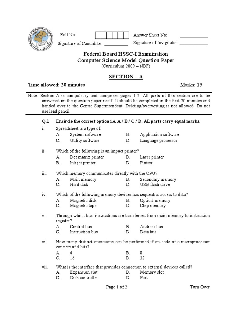 HSSC-I Computer Science Exam | PDF | Computer Data Storage | Printer ...